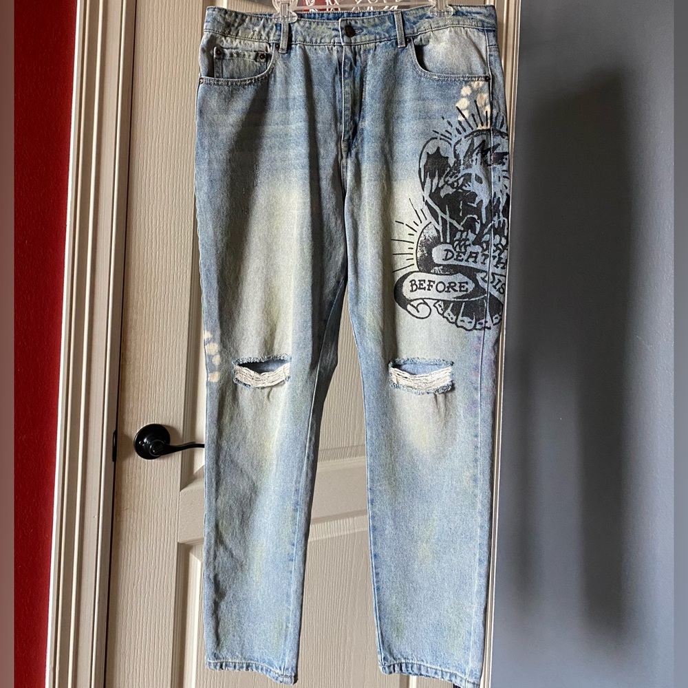 Ed Hardy Men’s Denim Jeans Tattoo Print “Death Before… - Gem